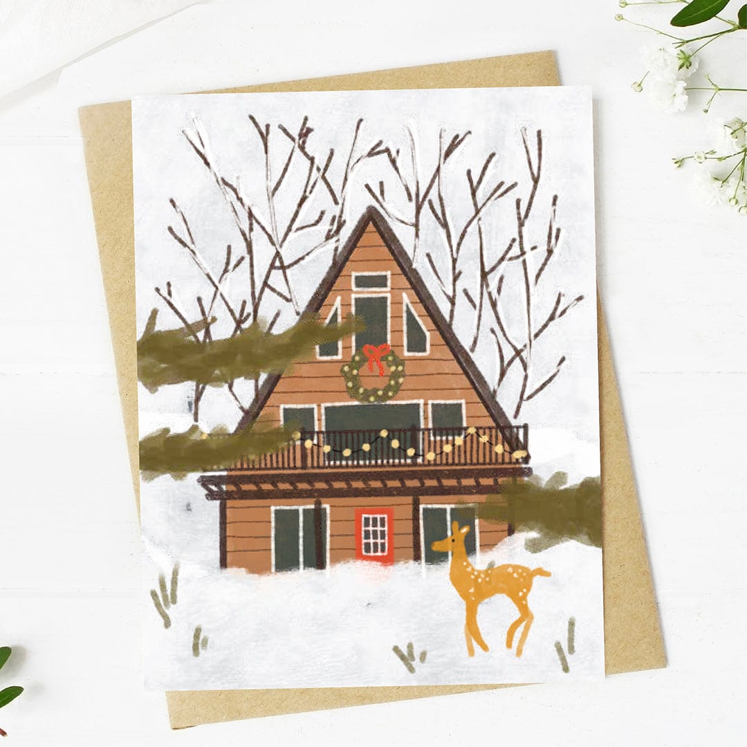 Cozy Winter Cabin Scene Christmas Card – Big Moods