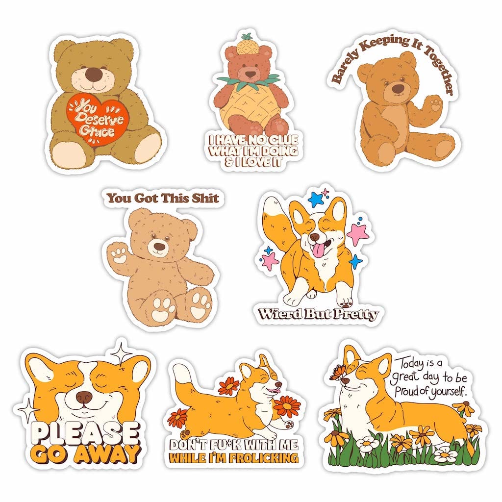 Corgi and Bear Sticker 8 Pack – Big Moods